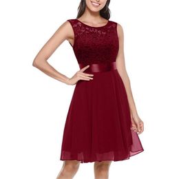 Orient Phoenix Abendkleid Damen Freizeit Rundhals ärmellos Cocktailkleid Midikleid Mit Gürtel Slim-Fit einfarbig Spitze Abendkleid Große Größen Party Ballkleid