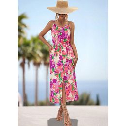 BlauWave Strandkleid Bedrucktes Kleid mit Spaghetti-Trägern und Geschlitztes Design (1-tlg) Floraler Druck