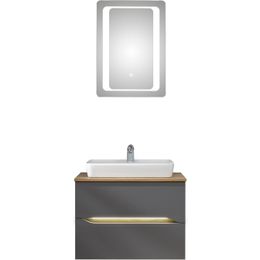 Badmöbel-Set SAPHIR "Quickset 2-teilig, Keramik-Aufsatzbecken mit LED-Spiegel" Kastenmöbel-Sets grau (quarzgrau matt touch, quarzgrau matt, akzent riviera eiche quer nb) Bad-Sparsets