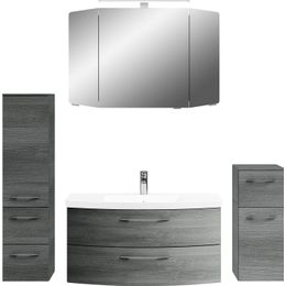 Badezimmer-Set SAPHIR "Cassca Sprint 4-teilig Mineralmarmor-Waschtisch mit LED-Spiegelschrank" Kastenmöbel-Sets Gr. B/H/T: 161 cm x 200 cm x 50,5 cm, 1 Mineralmarmor-Waschtisch weiß-1 Waschtischunterschrank mit 2 Auszügen-1 Spiegelschrank mit 3 Drehtüren-1 Aufsatzleuchte-1 Unterschrank mit 1 Drehtür, 1 Auszug-1 Midischrank mit 1 Drehtür, 2 Auszügen, grau (graphit struktur quer nachbildung) Bad-Spa