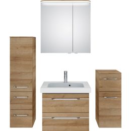 Badmöbel-Set SAPHIR "Balto Sprint 4-teilig, Mineralmarmor-Waschtisch mit LED-Spiegelschrank" Kastenmöbel-Sets Gr. B/H/T: 130 cm x 200 cm x 46 cm, 1 Mineralmarmor-Waschtisch weiß-1 Waschtischunterschrank mit 2 Auszügen-1 Spiegelschrank mit 2 Drehtüren-1 LED-Lichtkranz-1 Unterschrank mit 1 Drehtür, 1 Auszug-1 Midischrank mit 1 Drehtür, 2 Auszügen, braun (riviera eiche quer nachbildung) Bad-Sparsets