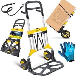 Masko® Sackkarre Klappbar 200 kg Tragkraft inkl. Rädern Vollgummi, + 2 Expanderseile + Handschuhe - Dreifach höhenverstellbarer Griff - Große Ladefläche - Aluminium Handkarre Transportkarre