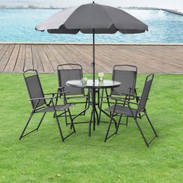 en.casa® en.casa Gartenmöbel-Set Milagro Stühle mit Tisch 4 Stühlen und Sonnenschirm Schwarz Dunkelgrau