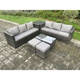Fimous - Rattan Gartenmöbel Set Outdoor Patio Sofa Set mit Länglichem Couchtisch Beistelltisch 2 Kleine Fußhocker 8-Sitzer Dunkelgrau Gemischt
