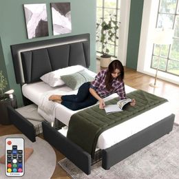 Polsterbett Bett mit Holz Lattenrost, Jugendbett mit Höhenverstellbarem Kopfteil, LED-Beleuchtung und 2 Schubladen, Grau 90x200cm ohne Matratze