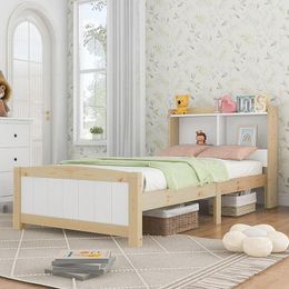 Bettgestell 90 x 200 cm Massivholz Einzelbett Kopfteil mit Stauraum Lattenrost Holzbett Kinderbett Jugendbett Mit Matratze - Weiß