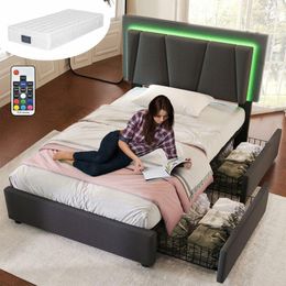 Polsterbett Bett mit Holz Lattenrost, Jugendbett mit Höhenverstellbarem Kopfteil, LED-Beleuchtung und 2 Schubladen, Grau 90x200cm mit Matratze