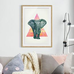 MICASIA Bild mit Rahmen - Illustration Elefant vor Dreieck Malerei Größe HxB: 70cm x 50cm, Rahmen: Eiche