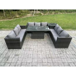 Fimous - 9-Sitzer Rattan Gartenmöbel Sofa Set Patio Einstellbarer aufsteigender Esstisch Set mit Beistelltisch Dunkelgrau gemischt