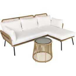 3 Stück Rattan Gartenmöbel Set, 2 Sitzer Sofa mit Chaise Longue und Beistelltisch, Beige und Kaffee - Kaffee+Creme - Outsunny