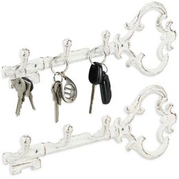 Relaxdays 2 x Schlüsselbrett, 3 Haken, dekorative Schlüsselform, Gusseisen, Vintage, Shabby, HxBxT: 12,5 x 33 x 4,5 cm, weiß