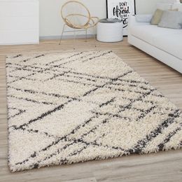 Paco Home Hochflor Teppich Wohnzimmer Shaggy Langflor Modernes Boho Skandi Rauten Muster 100x200 cm, Creme Anthrazit 4