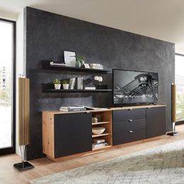 Lomadox Tv Sideboard Set mit Wandregalen Fernsehschrank Eiche mit schwarz, Breite 240 cm CUST-36 - schwarz