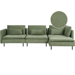 Beliani 3-Sitzer Ecksofa Olivgrün Stoffbezug Cord Modular mit Chaiselongue Linksseitig L-Förmig Kissen Schlanke Armlehnen Modern Wohnzimmer Modulsofa - Grün