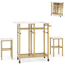 Costway Esstisch Set 3 teilig, Ausziehbarer Küchentisch auf Rollen mit 2 Stühlen, Essgruppe mit 6 Flaschen Weinregal & Regalen & Griff, Klappbarer