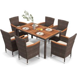 Costway Rattan Sitzgruppe für 6 Personen, Gartenmöbel Polyrattan 7-teilig, Gartentisch mit stapelbaren Stühlen & Akazienholz-Tischplatte, Gartenset