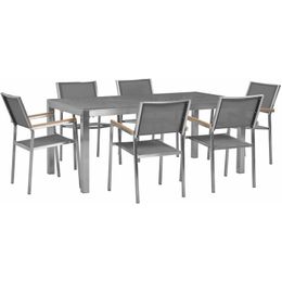 Beliani Gartenmöbel Set Grau Granit Edelstahl Tisch 180 cm Poliert 6 Stühle Terrasse Outdoor Modern - Silber