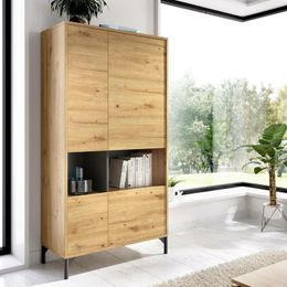 Sideboard Dalois, hohes Buffet für Wohnzimmer, modernes Sideboard für Wohnzimmer mit 4 Türen, 72x34h144 cm, Nodi-Eiche und Anthrazit - Dmora