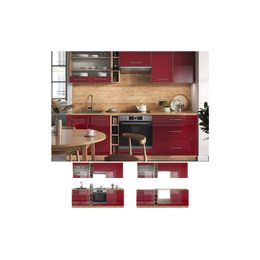 VICCO Küchenzeile Küchenblock Einbauküche Fame-Line Eiche Bordeaux Rot 235 cm modern Hochglanz Küchen Schränke Hängeglasschrank Hängeschrank Schubladenunterschrank Spülenunterschrank Herdumbauschrank