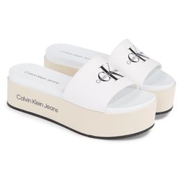 Pantolette Calvin Klein Jeans "FLATFORM SANDAL MET" Gr. 37, beige (weiß, creme) Damen Schuhe Strandaccessoires