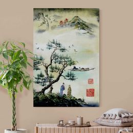 Akustikbild Japanische Aquarell Zeichnung Kiefer und Bergdorf