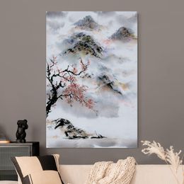 Akustikbild Japanische Aquarell Zeichnung Kirschbaum und Berge
