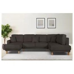 Wohnlandschaft Home Affaire "Triplo wahlweise mit Schlaffunktion, Steppung im Rückenkissen, U-Form" Sofas Gr. B/H/T: 310 cm x 90 cm x 192 cm, Struktur weich, Recamiere links, ohne Bettfunktion-ohne Bettkasten, schwarz mit Steppung, auch Bettfunktion und Bettkasten, incl. 3 Zierkissen