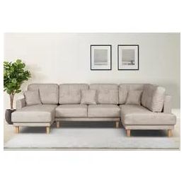 Wohnlandschaft Home Affaire "Triplo wahlweise mit Schlaffunktion, Steppung im Rückenkissen, U-Form" Sofas Gr. B/H/T: 310 cm x 90 cm x 192 cm, Samtoptik, Recamiere links, ohne Bettfunktion-ohne Bettkasten, beige (creme) mit Steppung, auch Bettfunktion und Bettkasten, incl. 3 Zierkissen