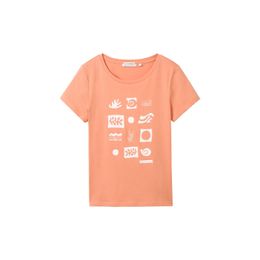 Tom Tailor Denim Damen Print T-Shirt mit Bio-Baumwolle, orange, Print, Gr. XXL