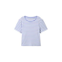 Tom Tailor Denim Damen Gestreiftes T-Shirt mit Pointelle-Struktur, blau, Streifenmuster, Gr. L