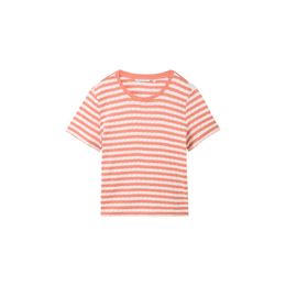 Tom Tailor Denim Damen Gestreiftes T-Shirt mit Pointelle-Struktur, rot, Streifenmuster, Gr. XL