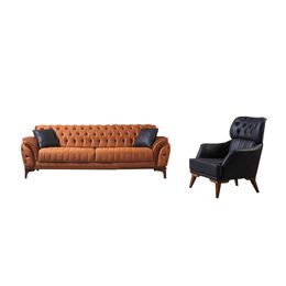 JVmoebel Wohnzimmer-Set Orange-Schwarz Chesterfield Garnitur Luxuriöser Dreisitzer Sessel 2tlg