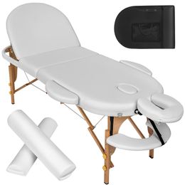 TecTake 3 Zonen Massageliege oval mit 5cm Polsterung, Rollen und Holzgestell - weiß