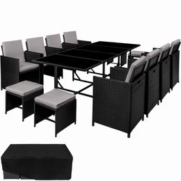 TecTake Rattan Sitzgruppe Palma 8+4+1 mit Schutzhülle - schwarz/grau