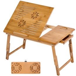 TecTake Laptoptisch aus Holz, höhenverstellbar, mit USB-Doppellüfter - braun