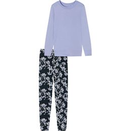 Schiesser Contemporary Nightwear Schlafanzug, lang, atmungsaktiv, für Damen, blau, 42