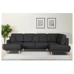 Wohnlandschaft Home Affaire "Triplo wahlweise mit Schlaffunktion, Steppung im Rückenkissen, U-Form" Sofas Gr. B/H/T: 310 cm x 90 cm x 192 cm, Samtoptik, Recamiere links, mit Bettfunktion-mit Bettkasten, schwarz mit Steppung, auch Bettfunktion und Bettkasten, incl. 3 Zierkissen