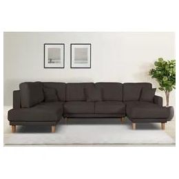 Wohnlandschaft Home Affaire "Triplo wahlweise mit Schlaffunktion, Steppung im Rückenkissen, U-Form" Sofas Gr. B/H/T: 310 cm x 90 cm x 192 cm, Struktur weich, Recamiere rechts, mit Bettfunktion-mit Bettkasten, schwarz mit Steppung, auch Bettfunktion und Bettkasten, incl. 3 Zierkissen