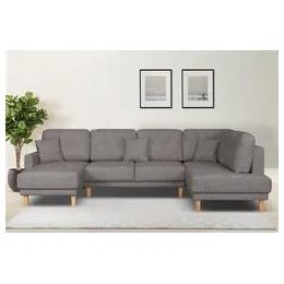 Wohnlandschaft Home Affaire "Triplo wahlweise mit Schlaffunktion, Steppung im Rückenkissen, U-Form" Sofas Gr. B/H/T: 310 cm x 90 cm x 192 cm, Samtoptik, Recamiere links, ohne Bettfunktion-ohne Bettkasten, grau (taupe) mit Steppung, auch Bettfunktion und Bettkasten, incl. 3 Zierkissen