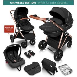 BABYGO Kombi-Kinderwagen Halime AIR 3in1, Anthracite Gold, mit Luftreifen, inkl. Babywanne, Babyschale, Regenhaube & Wickeltasche, grau