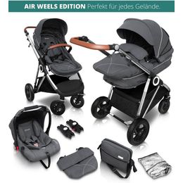 BABYGO Kombi-Kinderwagen Halime AIR 3in1, Grey Silver, mit Luftreifen, inkl. Babywanne, Babyschale, Regenhaube & Wickeltasche, grau