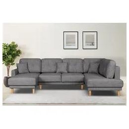 Wohnlandschaft Home Affaire "Triplo wahlweise mit Schlaffunktion, Steppung im Rückenkissen, U-Form" Sofas Gr. B/H/T: 310 cm x 90 cm x 192 cm, Samtoptik, Recamiere links, ohne Bettfunktion-ohne Bettkasten, grau mit Steppung, auch Bettfunktion und Bettkasten, incl. 3 Zierkissen