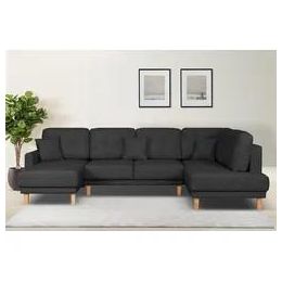 Wohnlandschaft Home Affaire "Triplo wahlweise mit Schlaffunktion, Steppung im Rückenkissen, U-Form" Sofas Gr. B/H/T: 310 cm x 90 cm x 192 cm, Samtoptik, Recamiere links, ohne Bettfunktion-ohne Bettkasten, schwarz mit Steppung, auch Bettfunktion und Bettkasten, incl. 3 Zierkissen