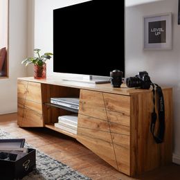 FineBuy TV-Board Kommode 160cm MDF Eiche Dekor Design Lowboard mit 2 T&uuml;ren & Glas Ablage Fernsehschrank