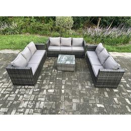 Fimous - 9-Sitzer Rattan Gartenmöbel Set Patio Lounge Sofa Set mit quadratischem Couchtisch Dunkelgrau Gemischt