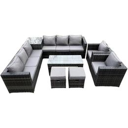 10-Sitzer Rattan Ecksofa Set mit quadratischem Beistelltisch und länglichem rechteckigem Couch Tee Tisch 2-teiliger Armstuhl 2-Hocker Dunkelgrau