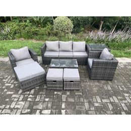 Fimous - Outdoor Rattan Gartenmöbel Set mit 3-Sitzer Sofa Couchtisch Beistelltisch 2 Sessel 3 Fußhocker Patio Lounge Sofa Set Dunkelgrau Gemischt
