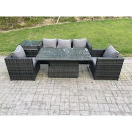 Fimous - Outdoor Rattan Gartenmöbel Sofa Set Patio Einstellbarer aufsteigender Esstisch Set mit Beistelltisch 2 Sessel Dunkelgrau gemischt