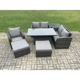 Fimous 7-Sitzer Rattan Möbel Garten Dining Set im Freien Höhenverstellbarer Aufsteigenderr Tisch Liebe Sofa Stuhl mit Beistelltisch 2 Großer Fußhocker