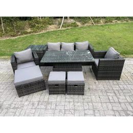 8-Sitzer Wicker Polyrattan Gartenmöbel Sofa Set Outdoor Verstellbare Aufsteigende Esstisch Set mit Sesseln Beistelltisch 3 Fußhocker Dunkelgrau